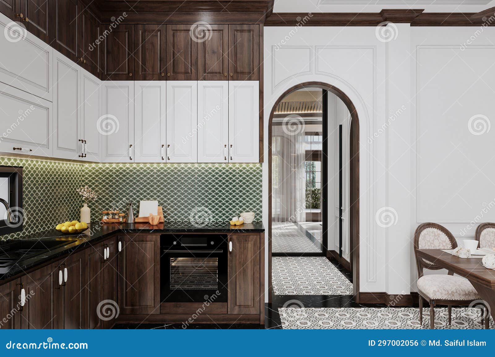 Modern Luxury Authentic Kitchen Interior Design. 3D Rendering Stock ...