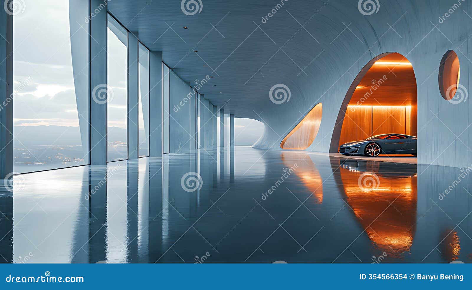 Modern Luxury Car Garage with Panoramic City View Stock Illustration ...