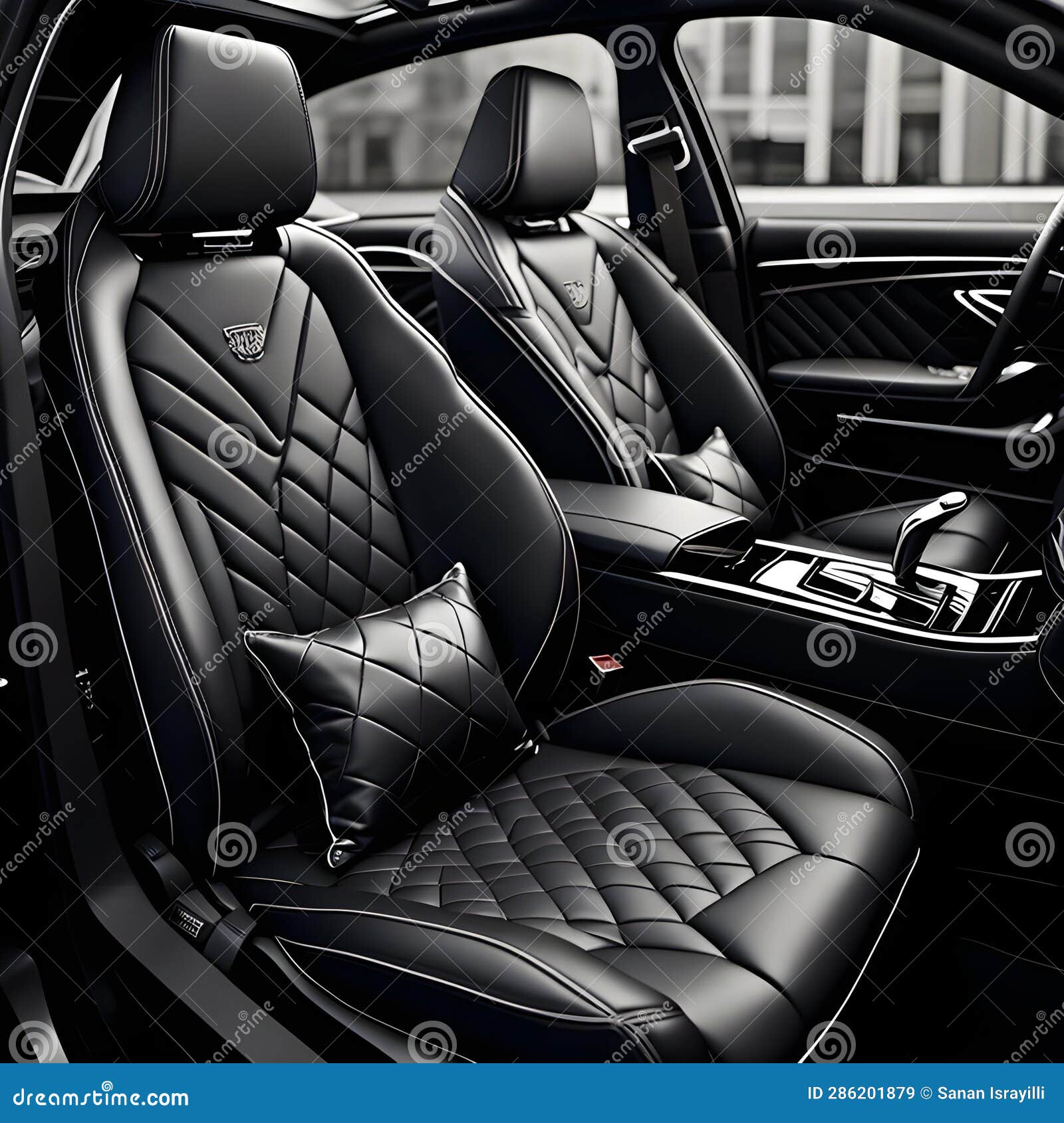 Modern Luxury Car Interior. Black Leather Seats with Pillows Stock ...