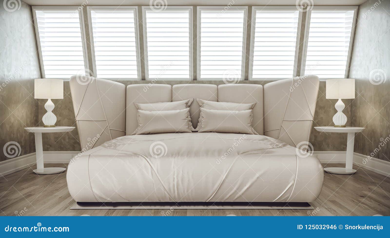 Modern Luxury Elegant Bedroom Interior with Angled Windows Stock ...