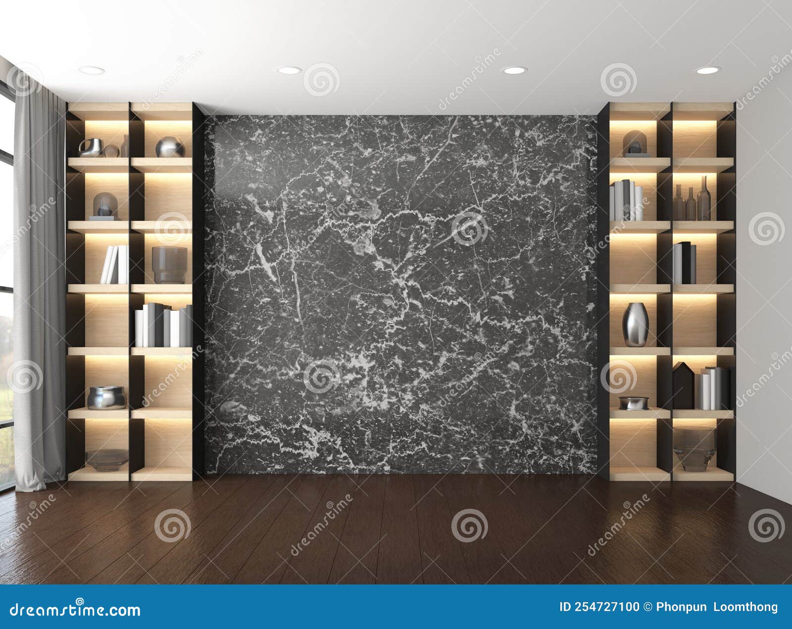 Modern Luxury Empty Room with Black Marble Walls and a Bookshelf Spaced ...