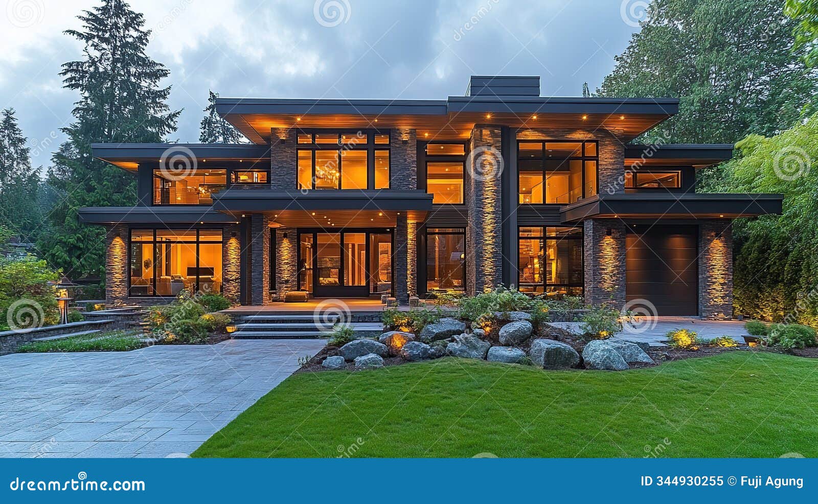 Modern Luxury Home with Large Windows, Stone Facade, and a Paved ...