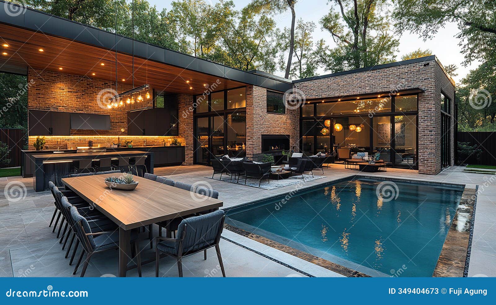 Modern Luxury Home with Outdoor Kitchen, Pool, and Dining Area at Dusk ...