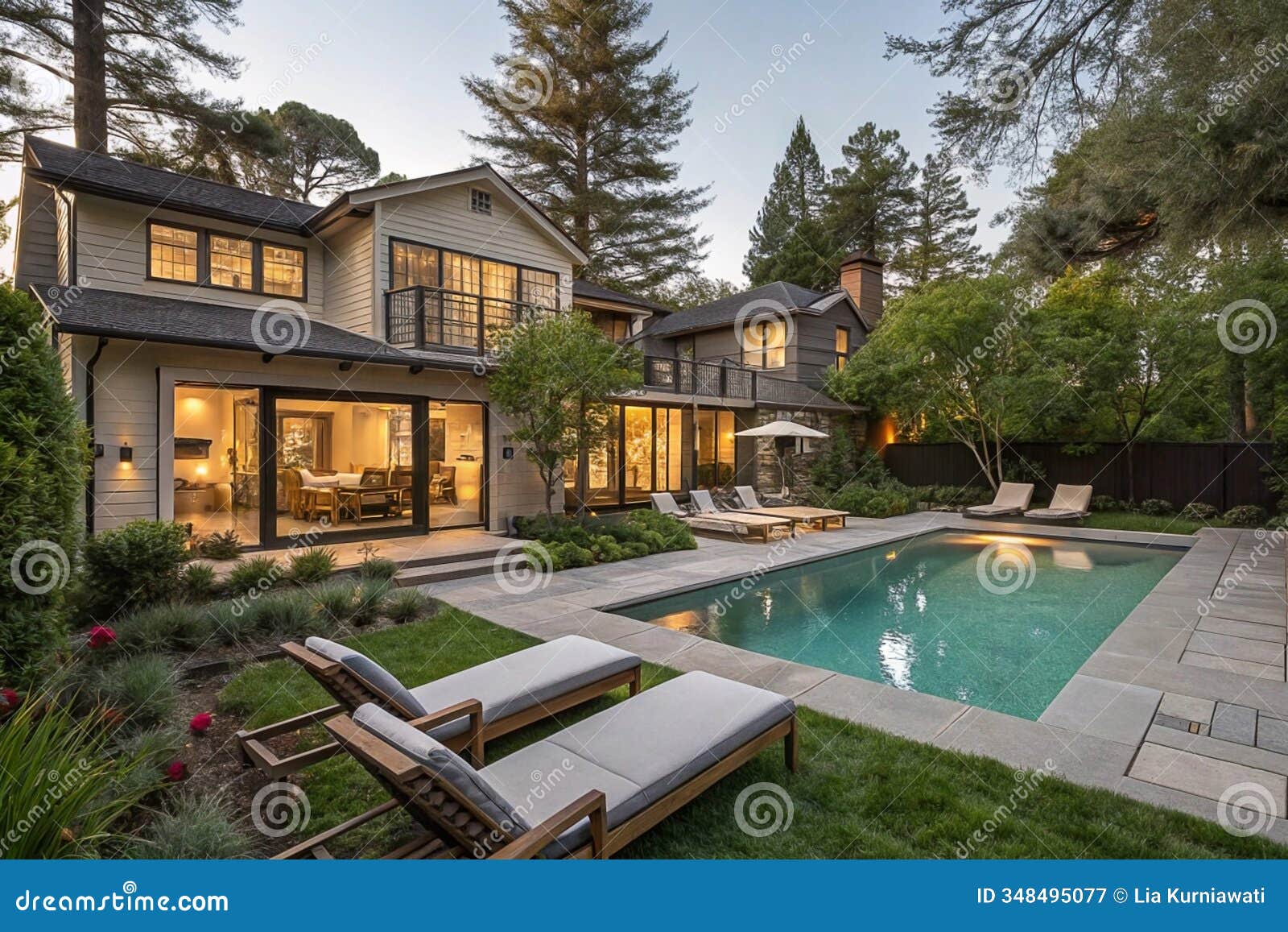 Modern Luxury Home with Pool and Landscaped Backyard at Dusk Stock ...