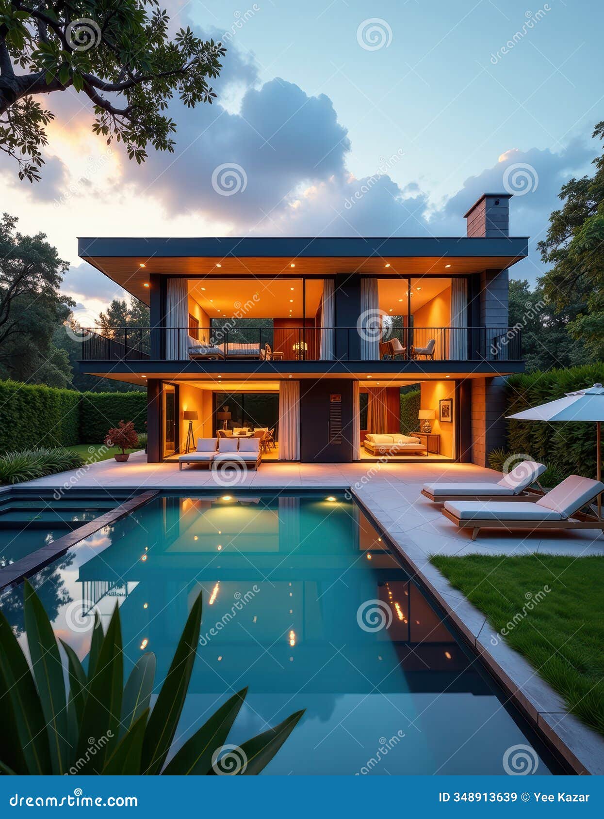 Modern Luxury House with Infinity Pool at Dusk Stock Illustration ...