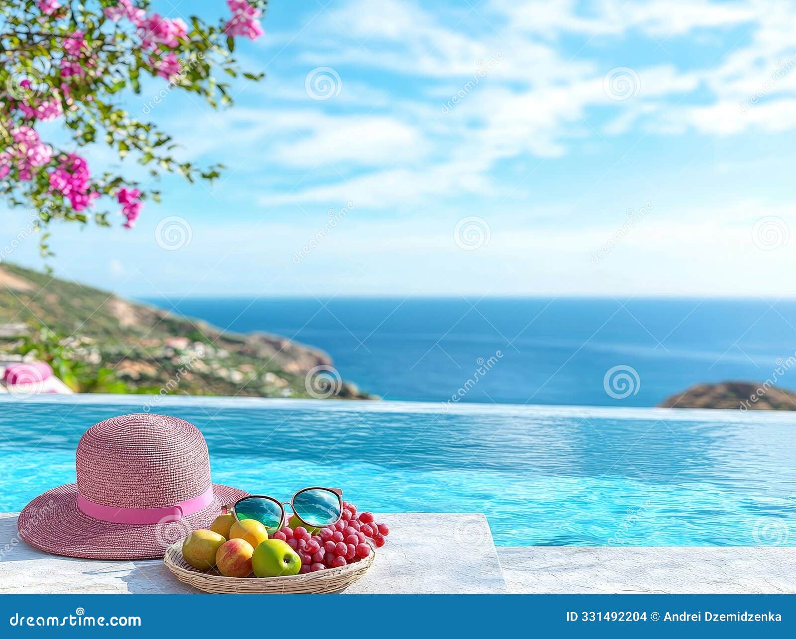 A Modern Luxury Infinity Pool with Summer Accessories. 3D-Illustration ...