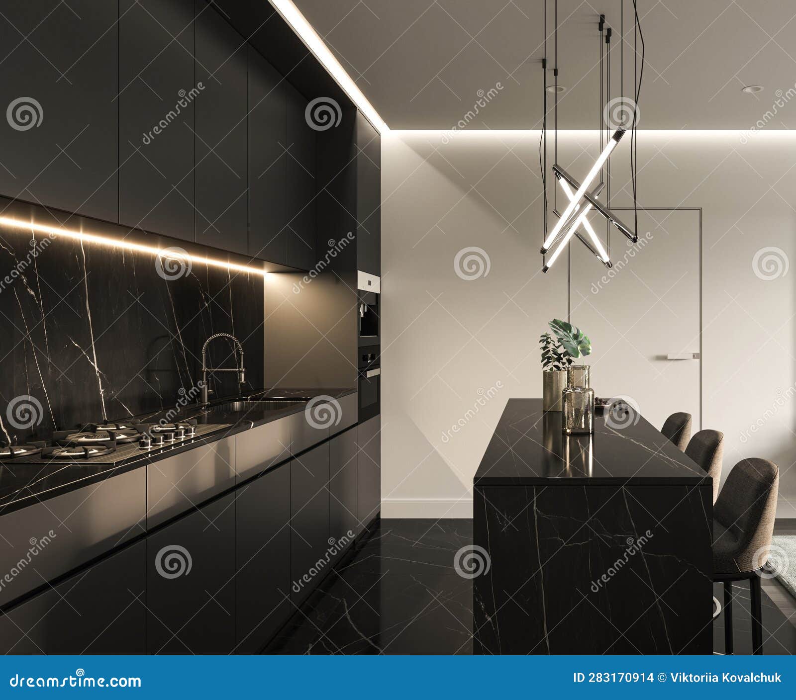 Modern Luxury Interior Side View. Kitchen with Bar Chairs, Kitchenware ...