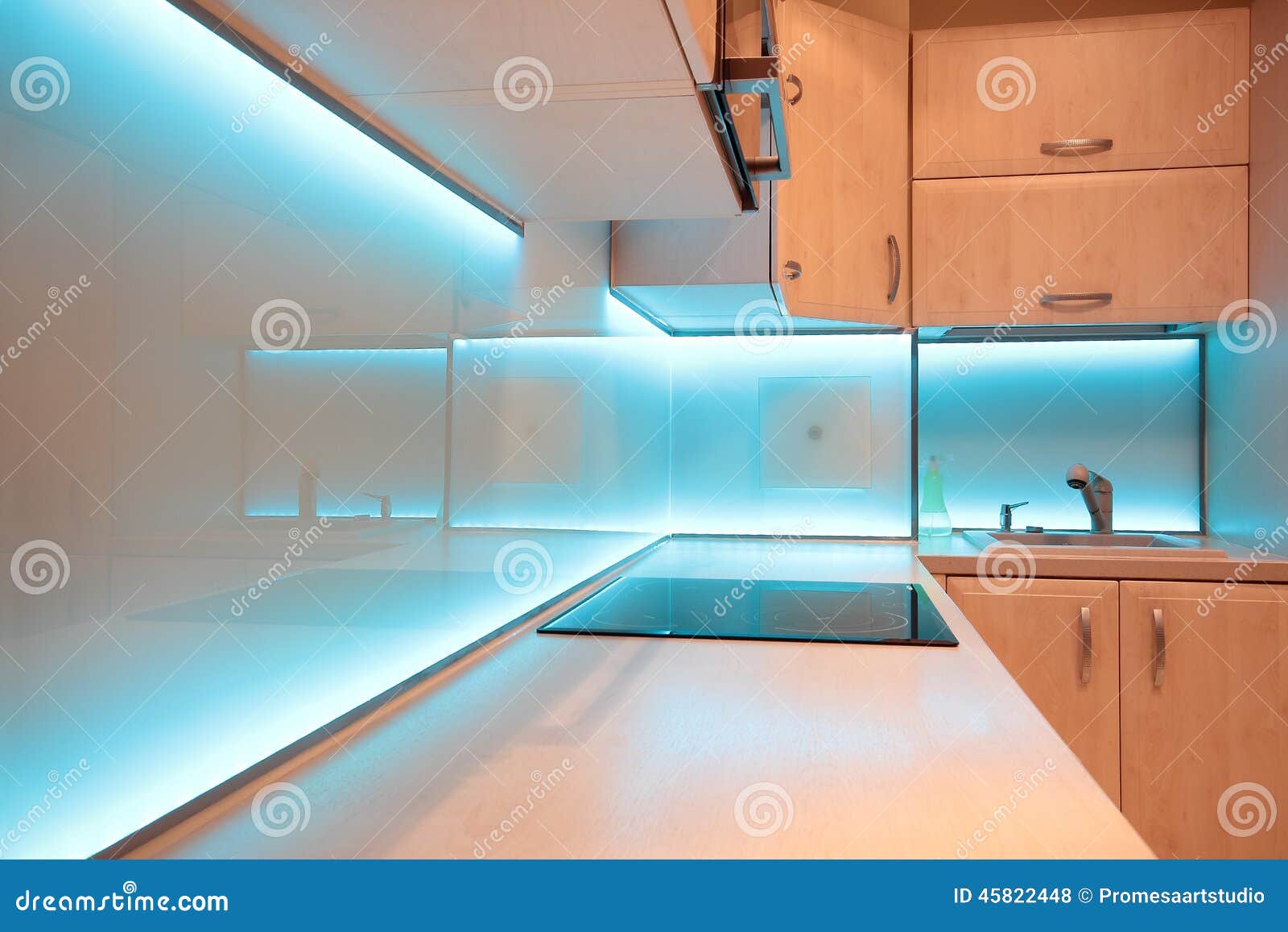 Modern Luxury Kitchen with Blue LED Lighting Stock Photo - Image of ...