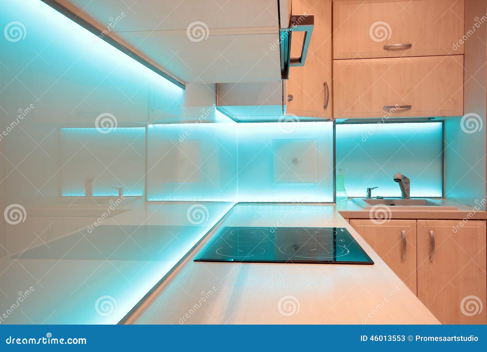 Modern Luxury Kitchen with Blue LED Lighting Stock Image - Image of ...