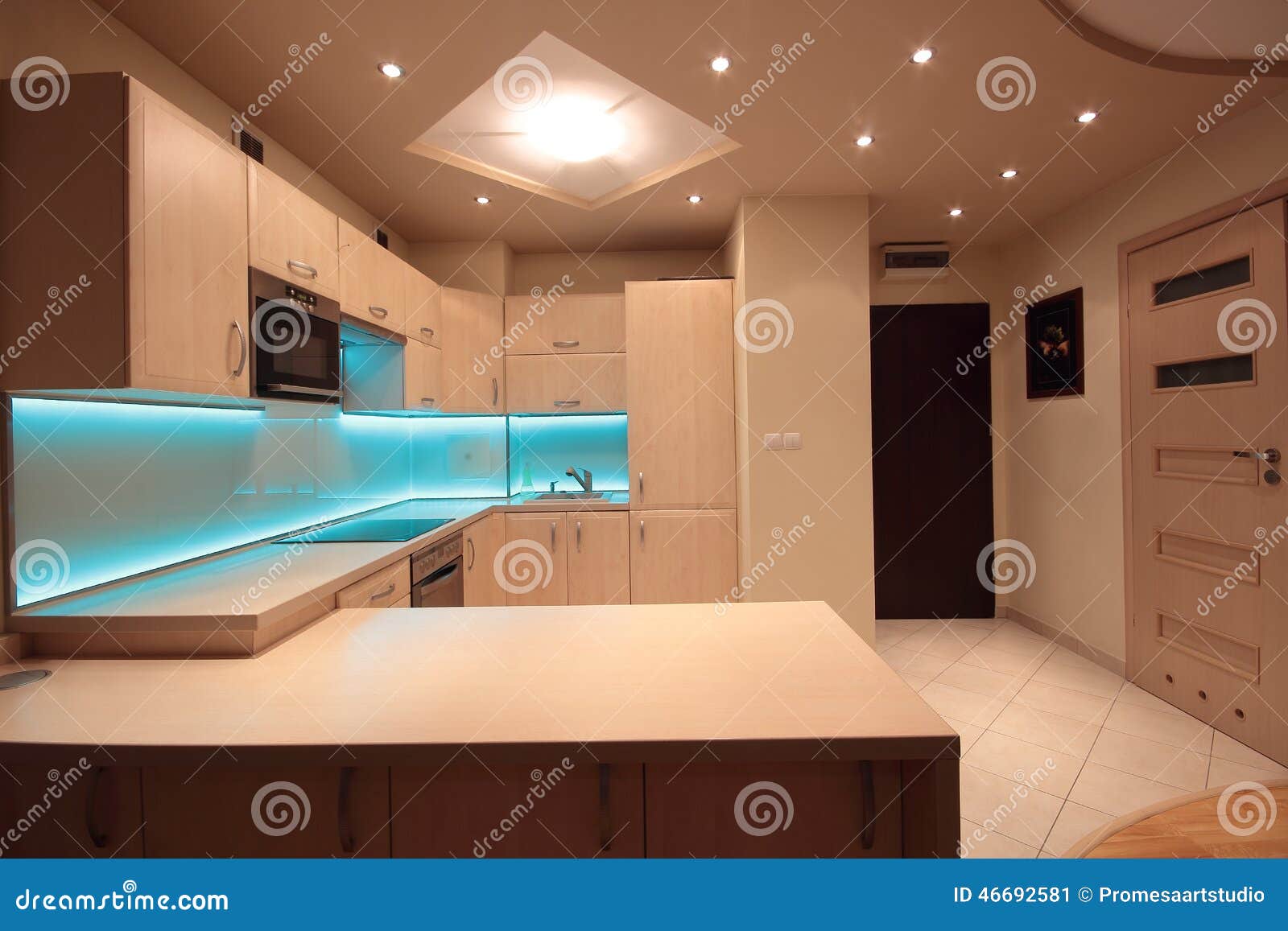 Modern Luxury Kitchen with Blue LED Lighting Stock Image - Image of ...