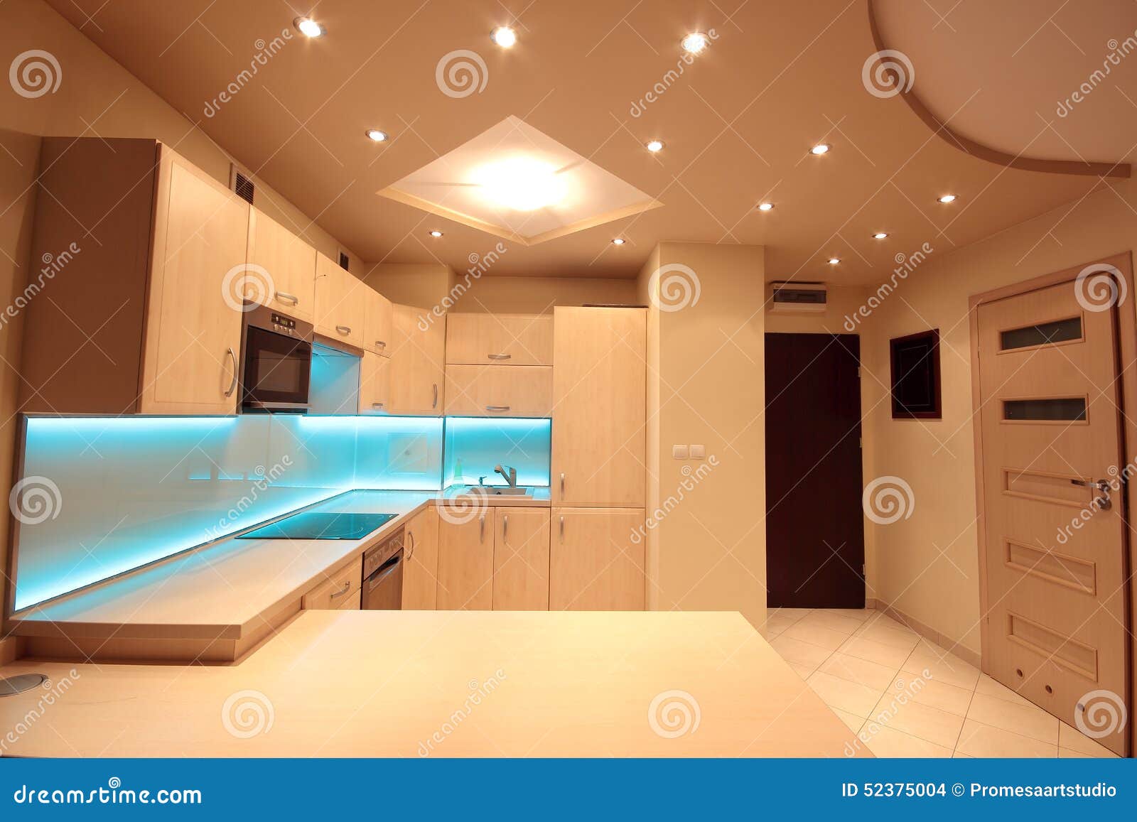Modern Luxury Kitchen with Blue LED Lighting Stock Photo - Image of ...
