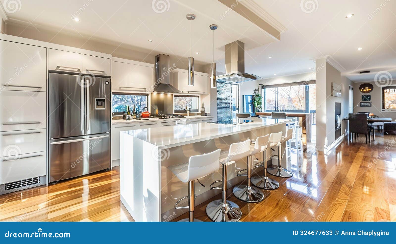 Modern Luxury Kitchen in Bright Open Concept Home Interior Stock Image ...