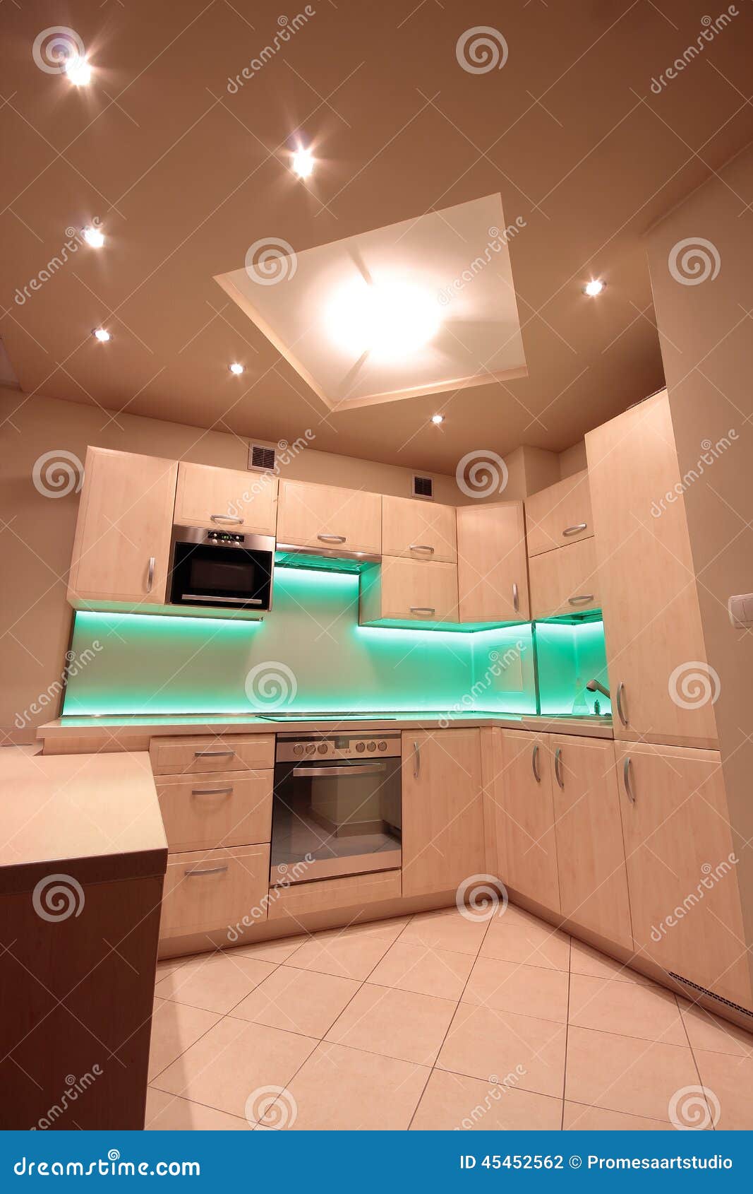Modern Luxury Kitchen with Green LED Lighting Stock Photo - Image of ...