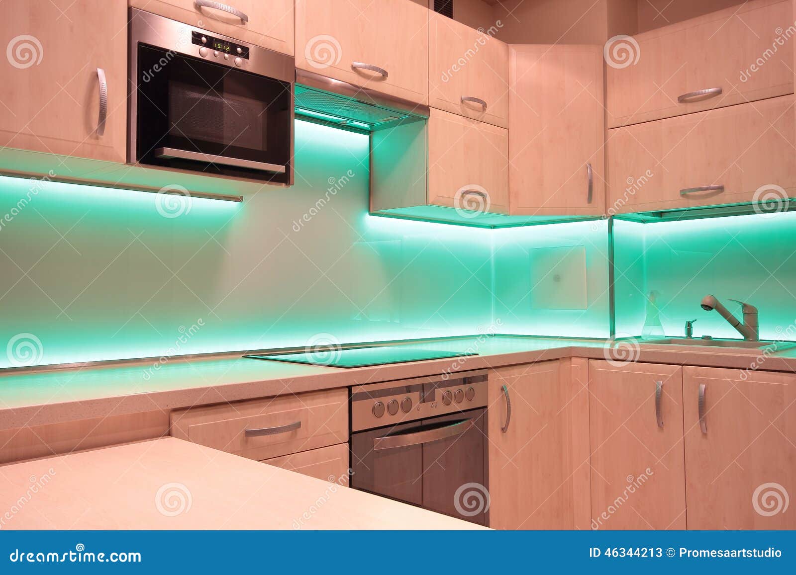 Modern Luxury Kitchen with Green LED Lighting Stock Image - Image of ...