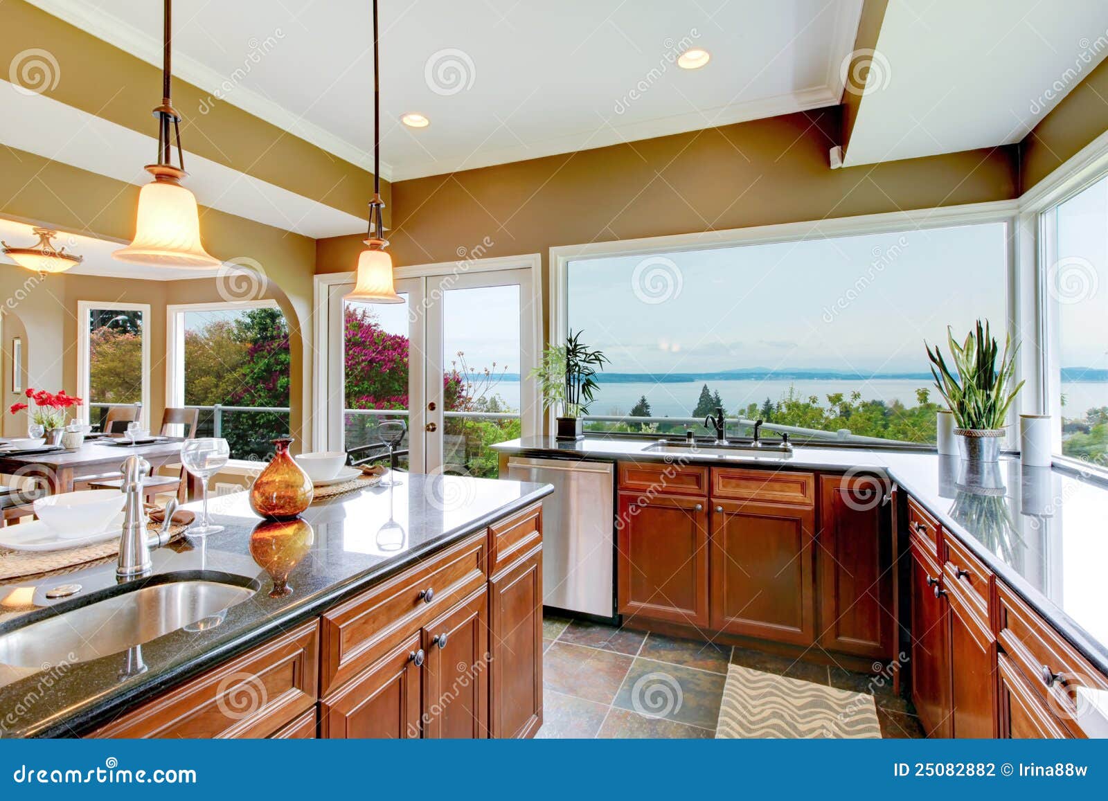 Modern Luxury Kitchen with Water View and Sink. Stock Photo - Image of ...