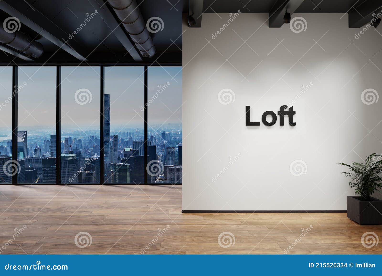 Modern Luxury Loft with Skyline View and Wall with Loft Lettering, 3D ...