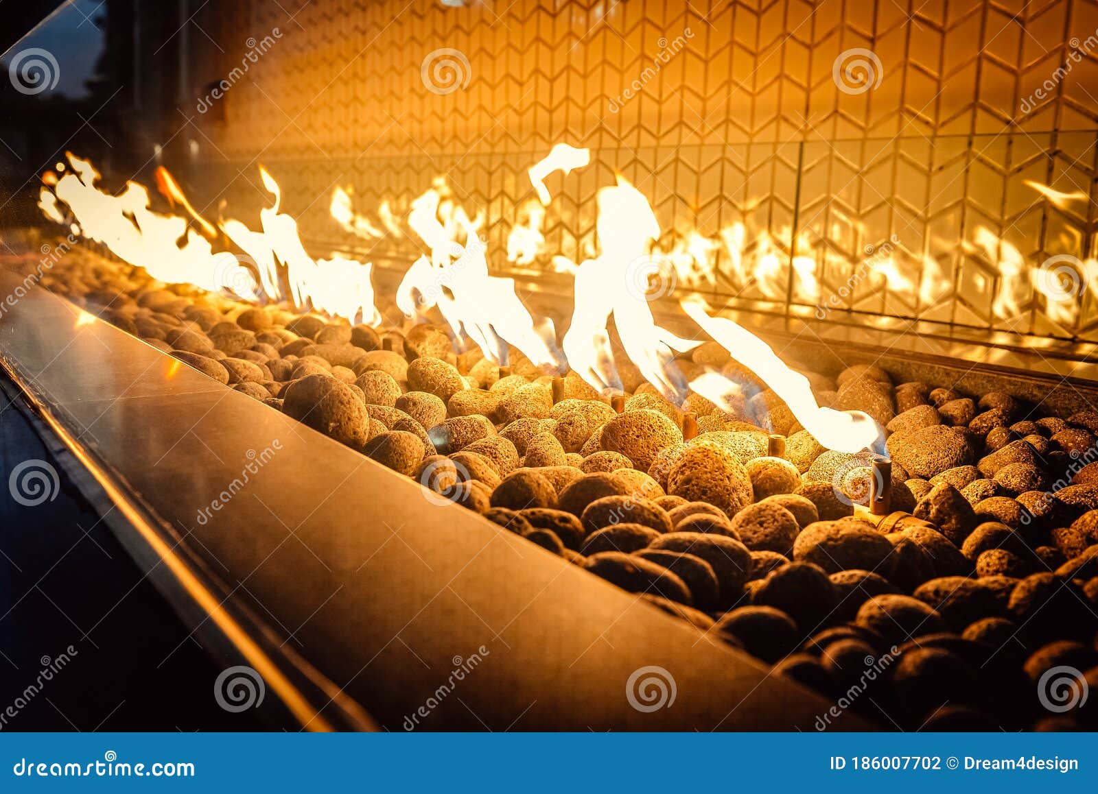 Modern and Luxury Outdoor Fireplace, Close Up from Side View Stock ...