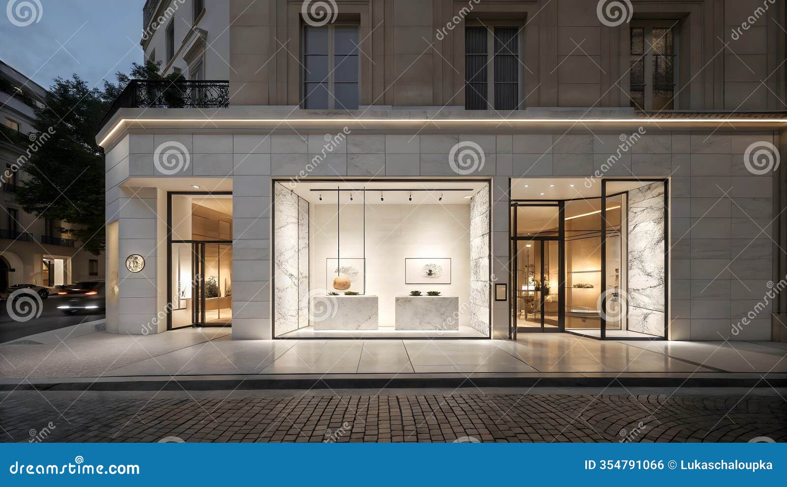 Modern Luxury Storefront with Illuminated Window Display during Evening ...