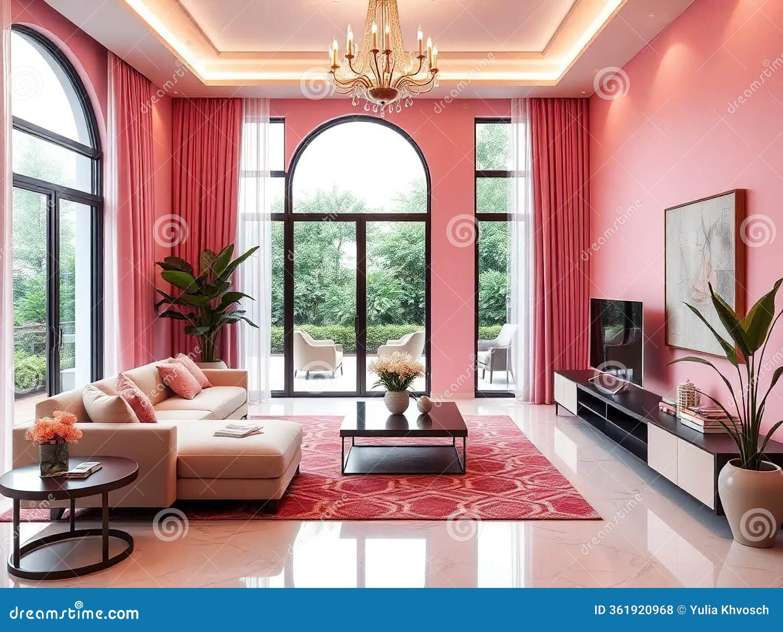 Modern Luxury Villa Apartment Interior, Pink Color. Stock Illustration ...