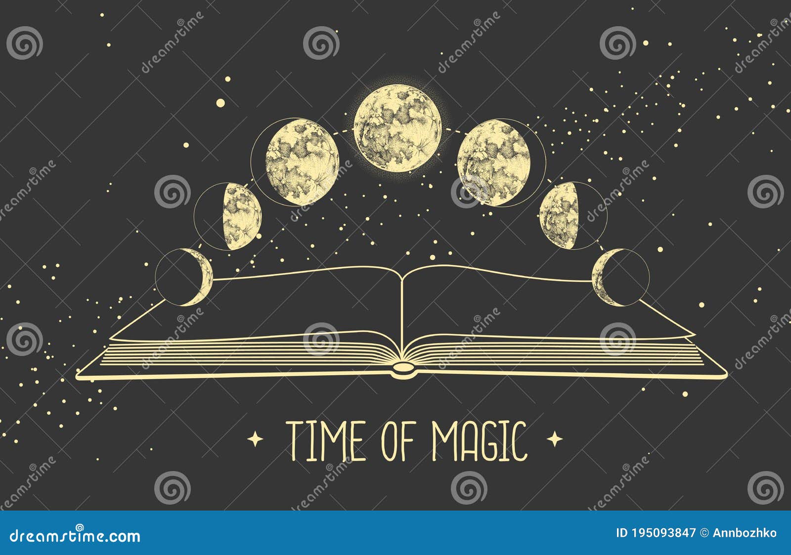 Modern Magic Witchcraft Card with Moon Phases and Open Magic Book ...