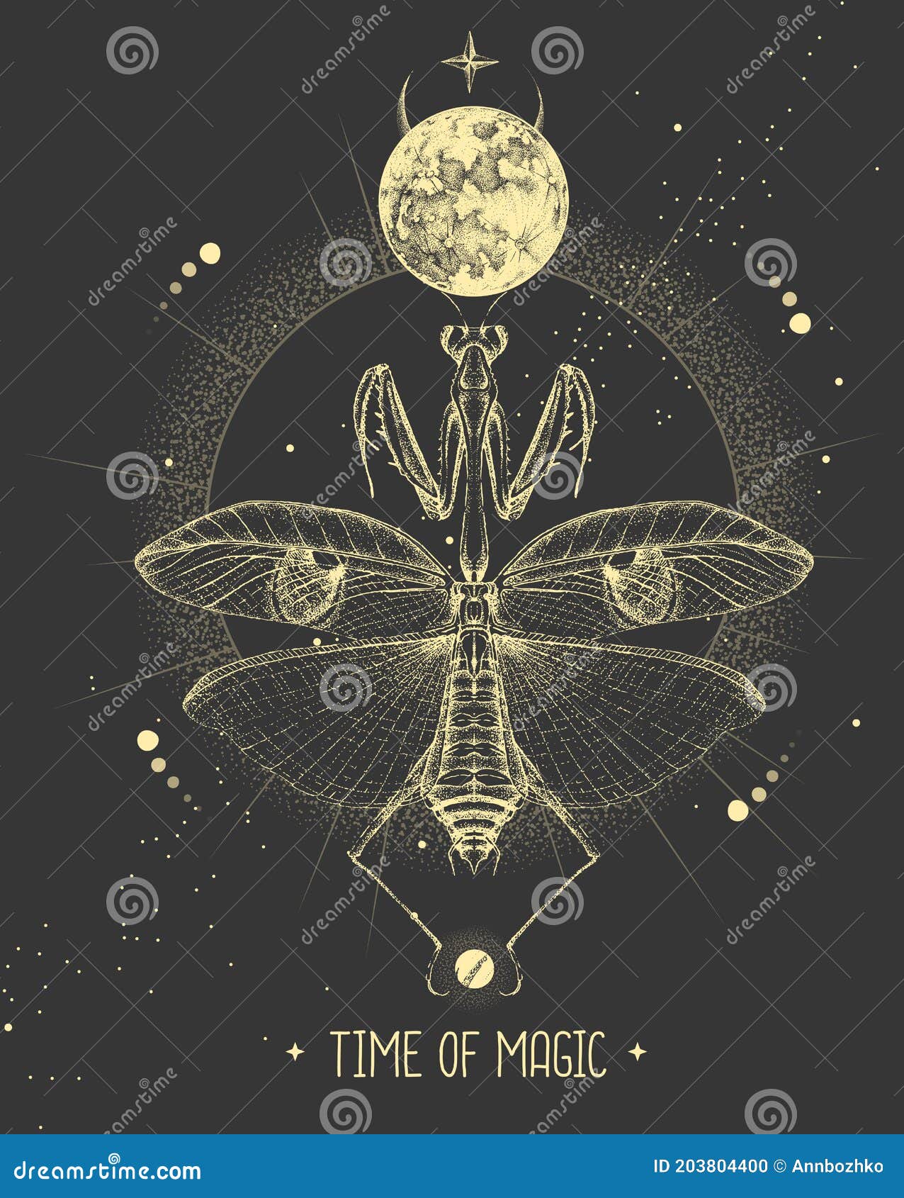Modern Magic Witchcraft Card with Moon and Praying Mantis. Hand Drawing ...