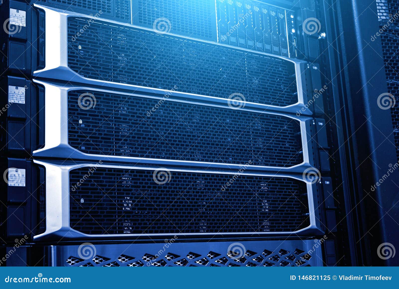 Modern Mainframe Storage in Data Center Close Up Under Neon Blue Toning ...