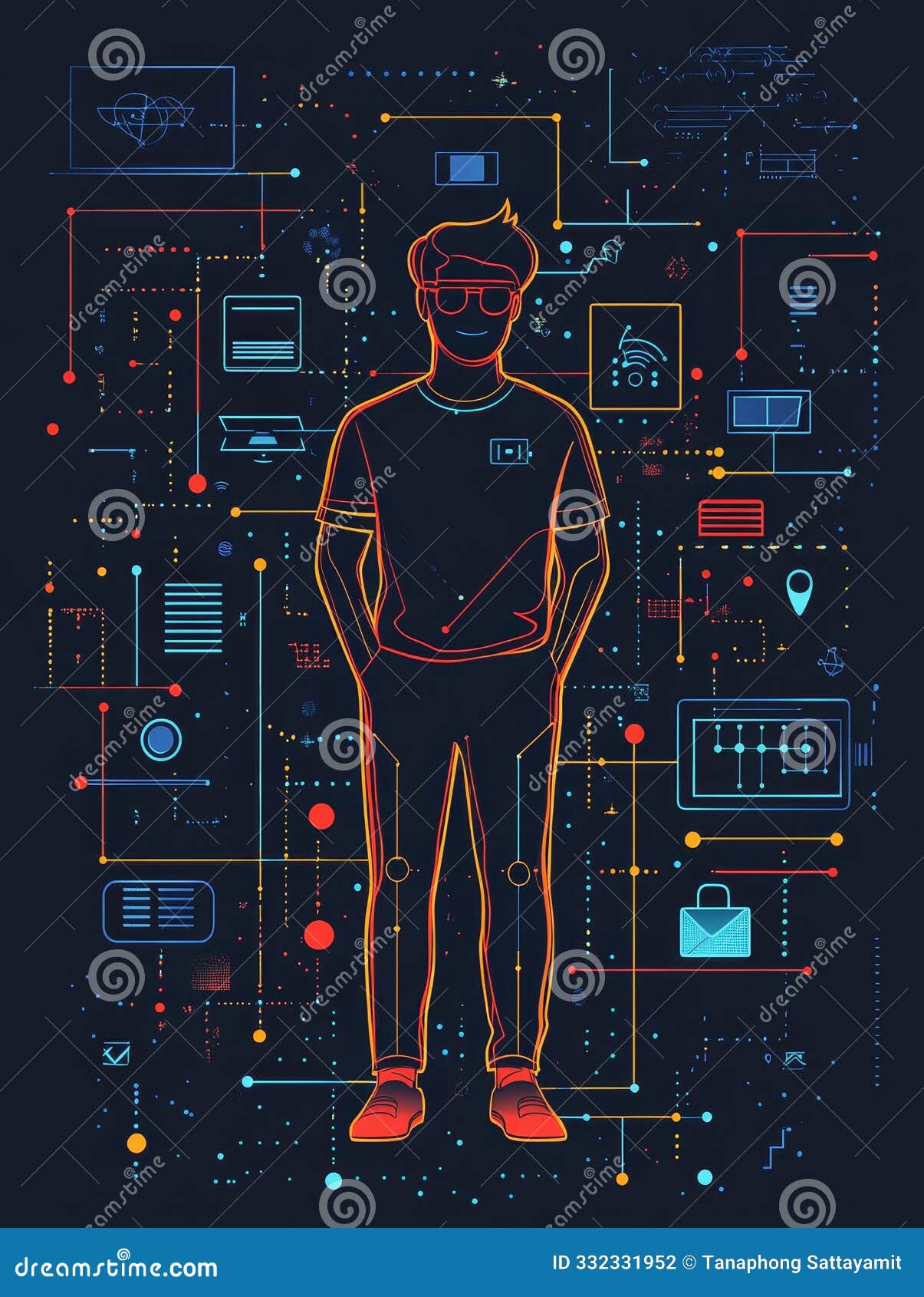 A Modern Man Stands Confidently in a Digital Network of Interconnected ...