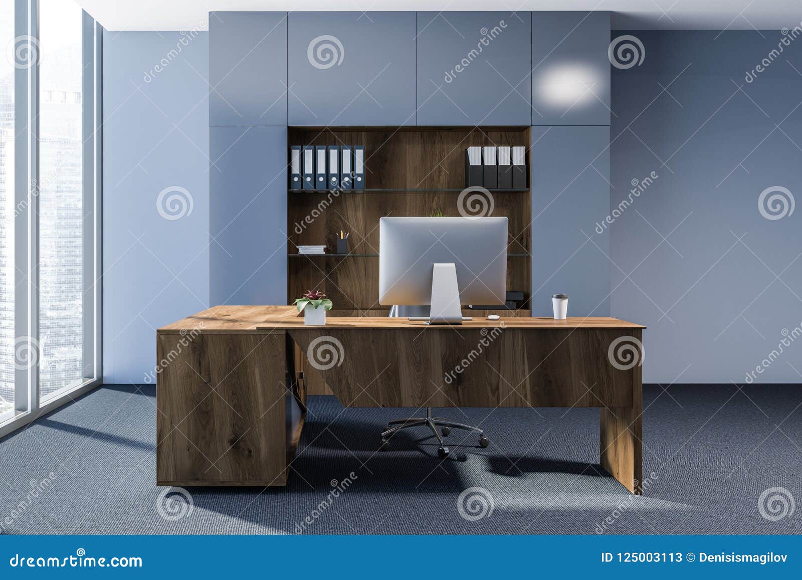 Blue Manager Office Interior, Front View Stock Illustration ...
