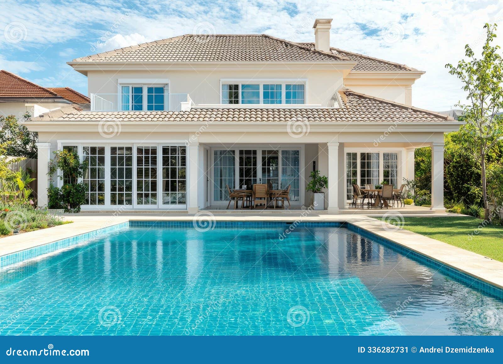 Modern Mansion S Gorgeous Backyard with Pool Stock Image - Image of ...