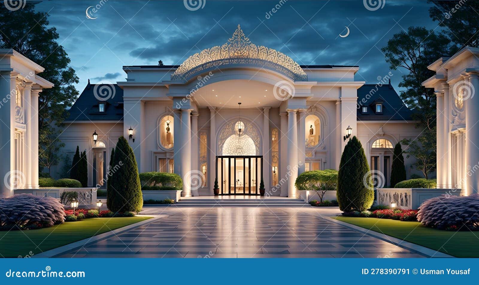 A Modern Mansion with White Pillars and Arches Created with Generative ...