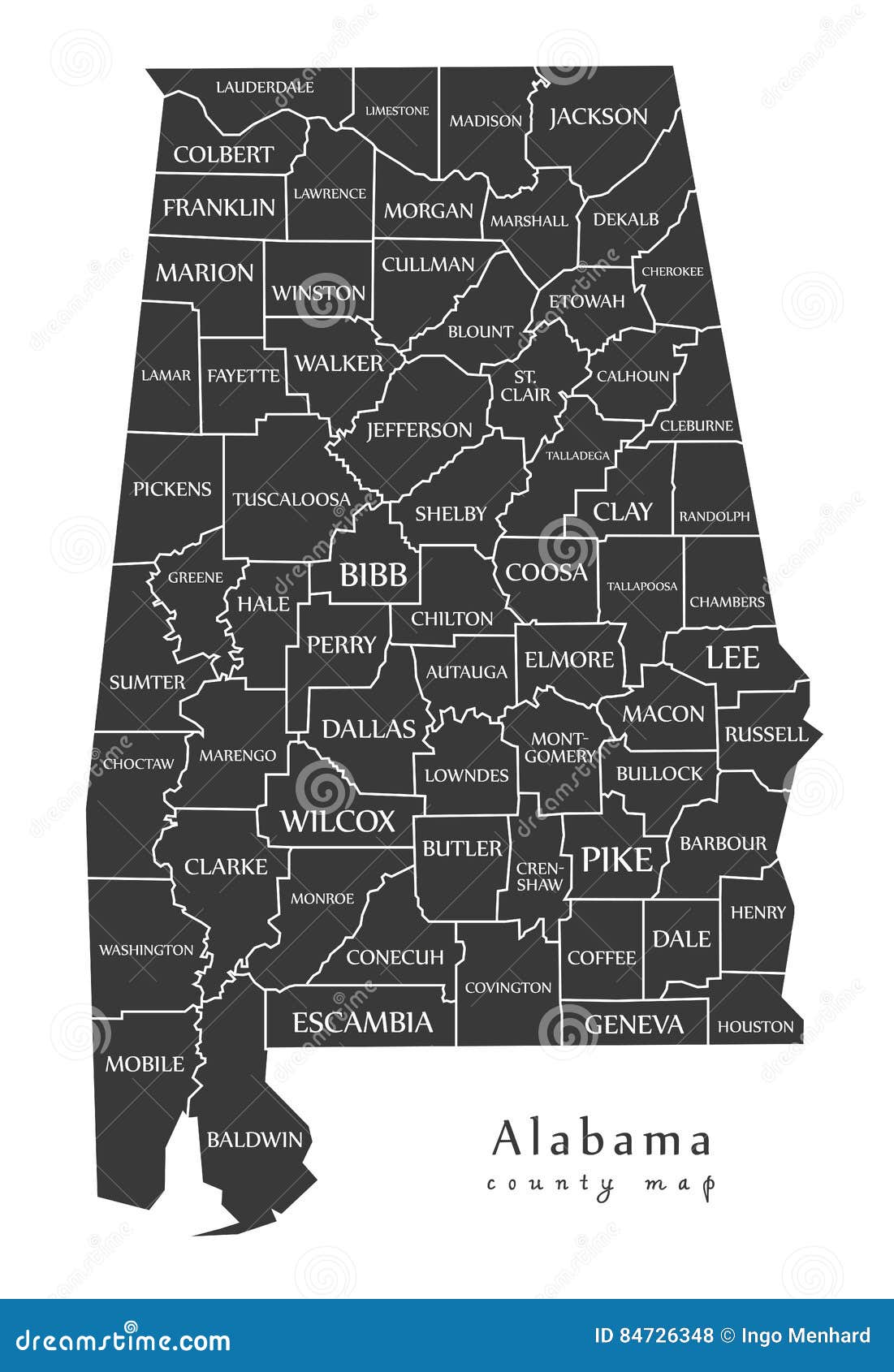Modern Map - Alabama County Map USA Black And White Silhouette Royalty ...