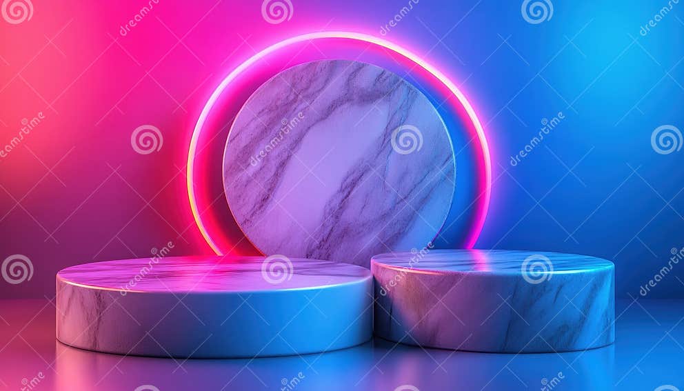 Modern Marble Display Platforms with Neon Lighting in a Creative Setup ...