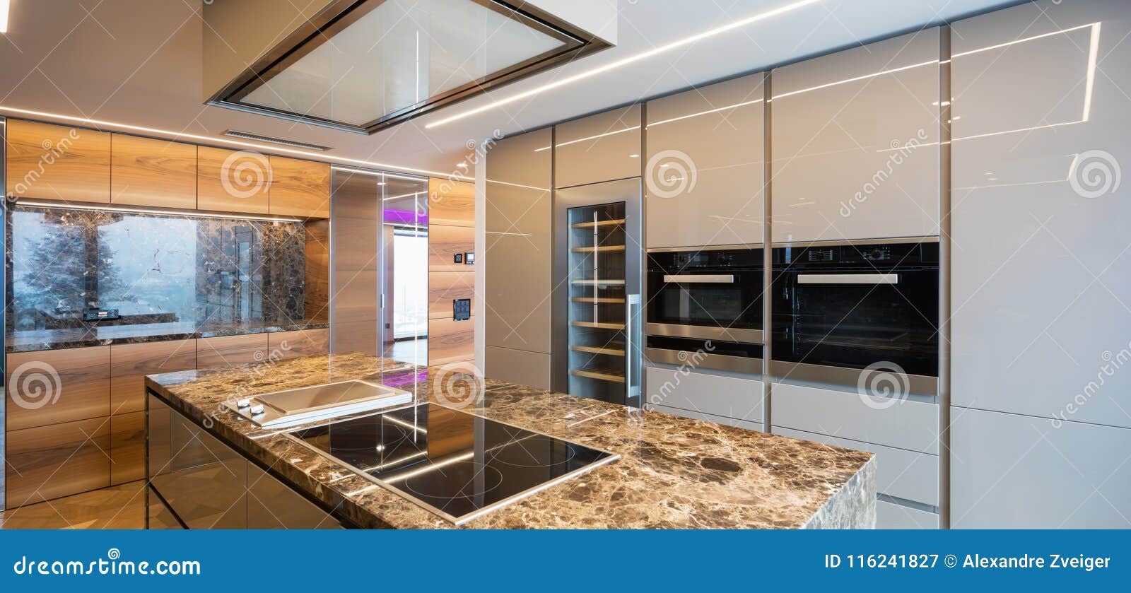 Modern Marble Kitchen with Island Stock Image - Image of marble, indoor ...