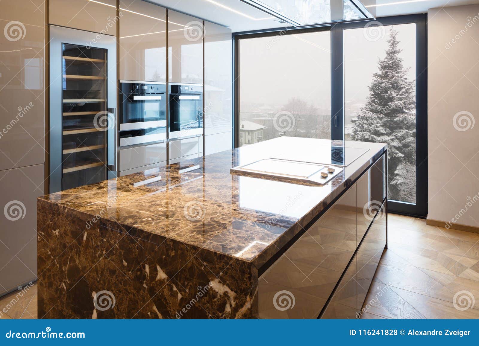 Modern Marble Kitchen with Island Stock Photo - Image of marble ...
