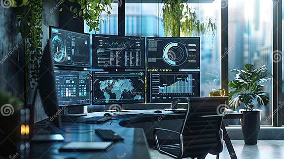 A Modern Marketers Office with Multiple Computer Screens Displaying AI Algorithms Analyzing User ...