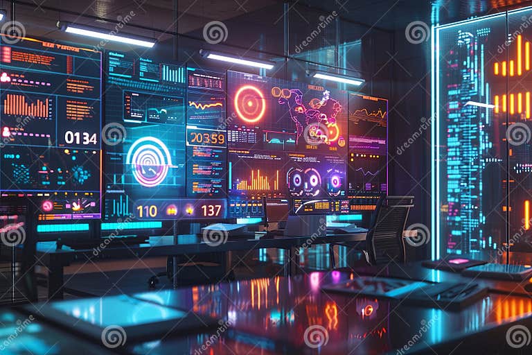 A Modern Marketing Office with Large Screens Displaying Complex AI Algorithms Analyzing User ...