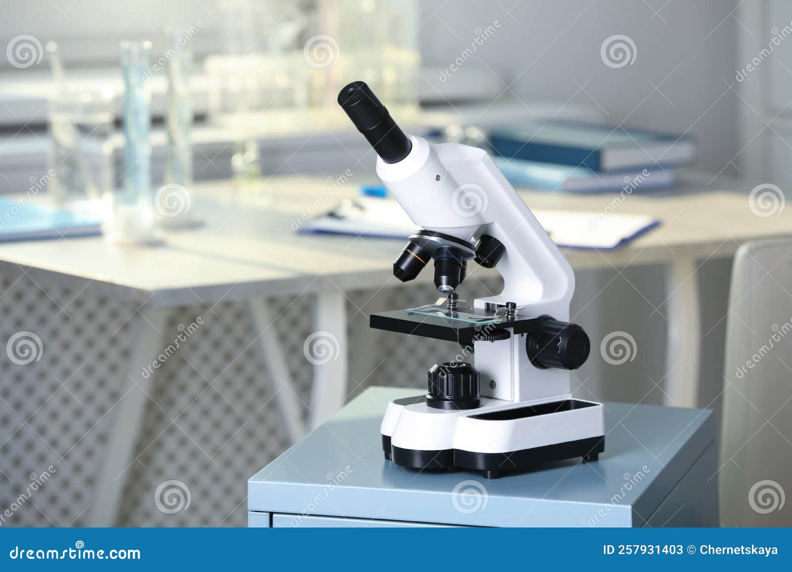 Modern Medical Microscope on Drawer in Laboratory, Space for Text Stock ...