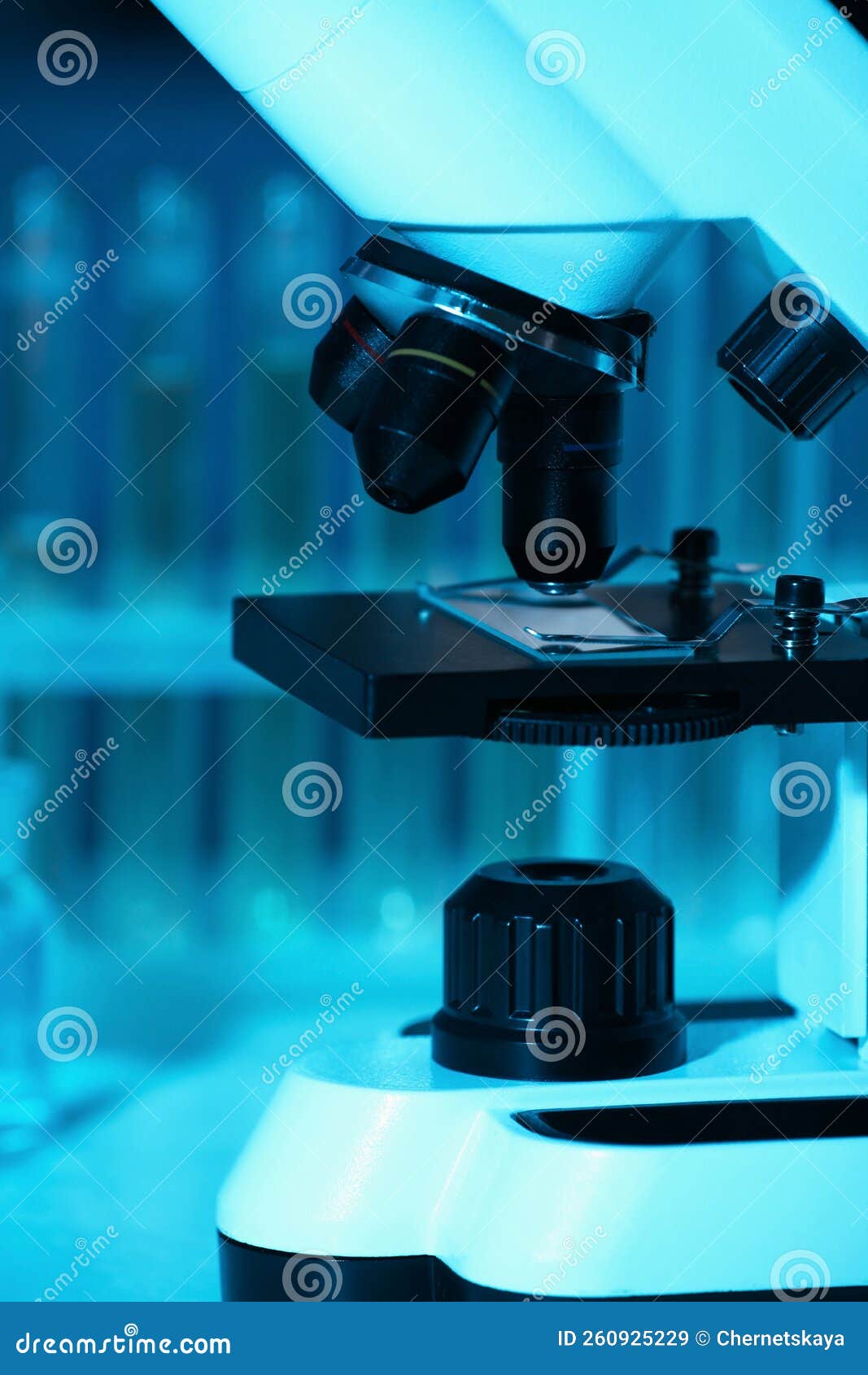 Modern Medical Microscope with Glass Slide in Laboratory, Closeup Stock ...
