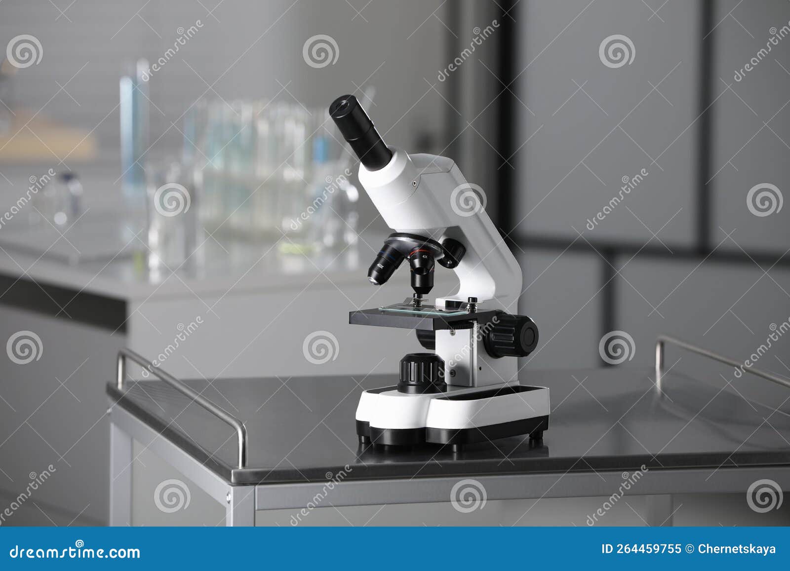 Modern Medical Microscope on Metal Table in Laboratory Stock Image ...
