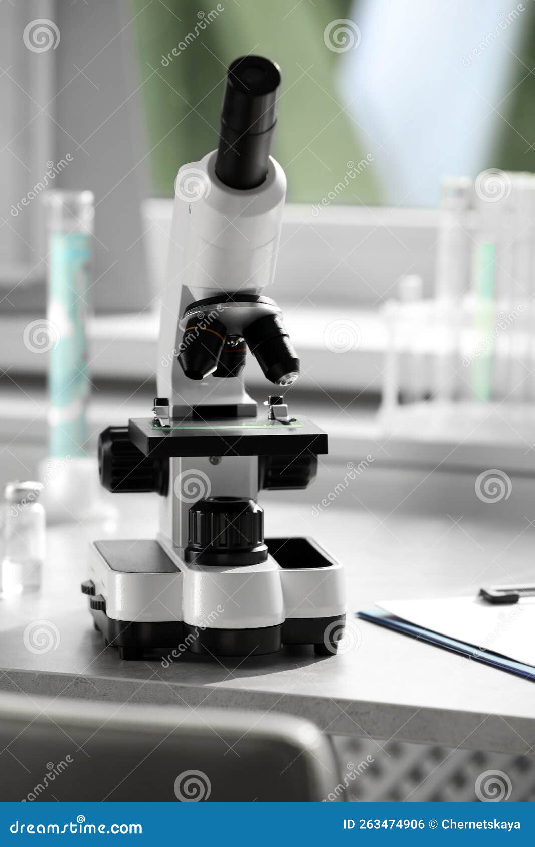 Modern Medical Microscope on Table in Laboratory Stock Photo - Image of ...