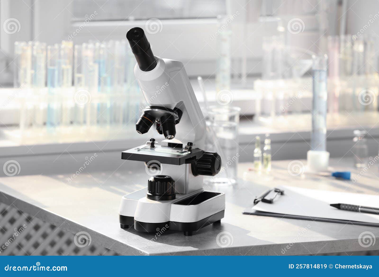 Modern Medical Microscope on Table in Laboratory Stock Image - Image of ...