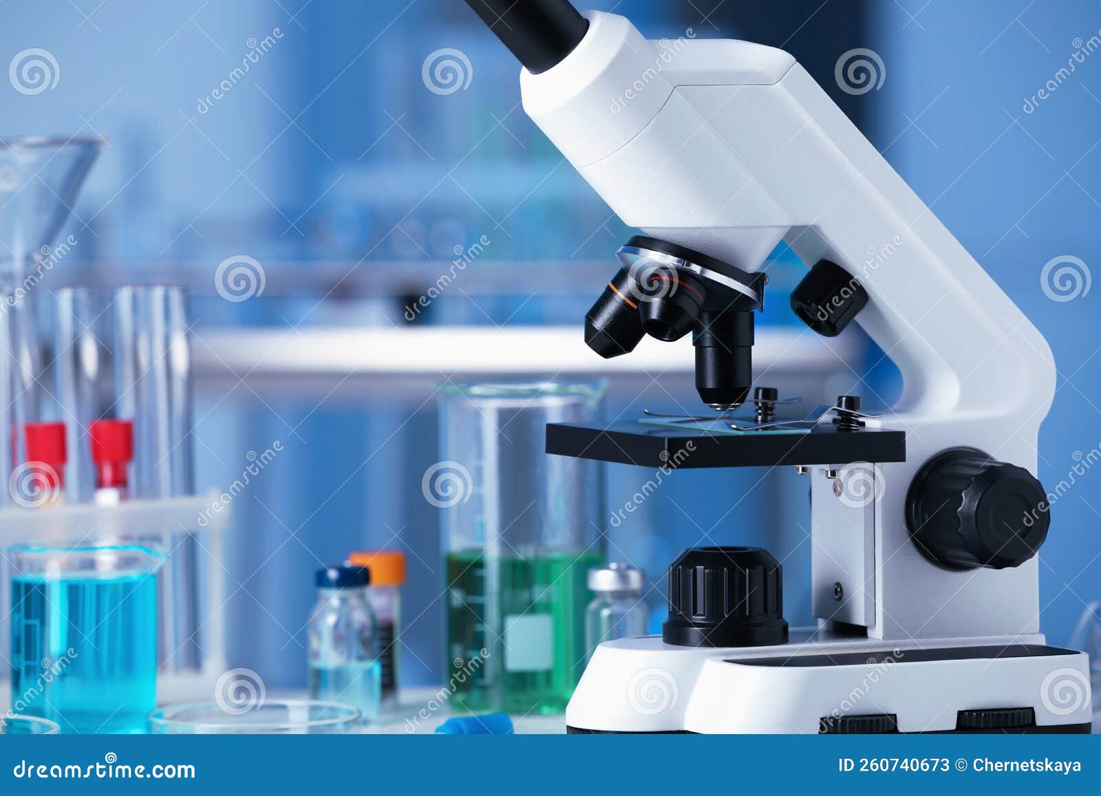 Modern Medical Microscope on Table in Laboratory. Space for Text Stock ...