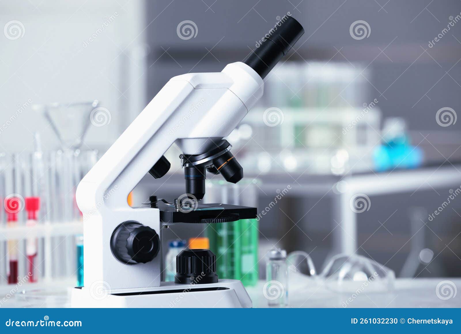 Modern Medical Microscope on Table in Laboratory. Space for Text Stock ...