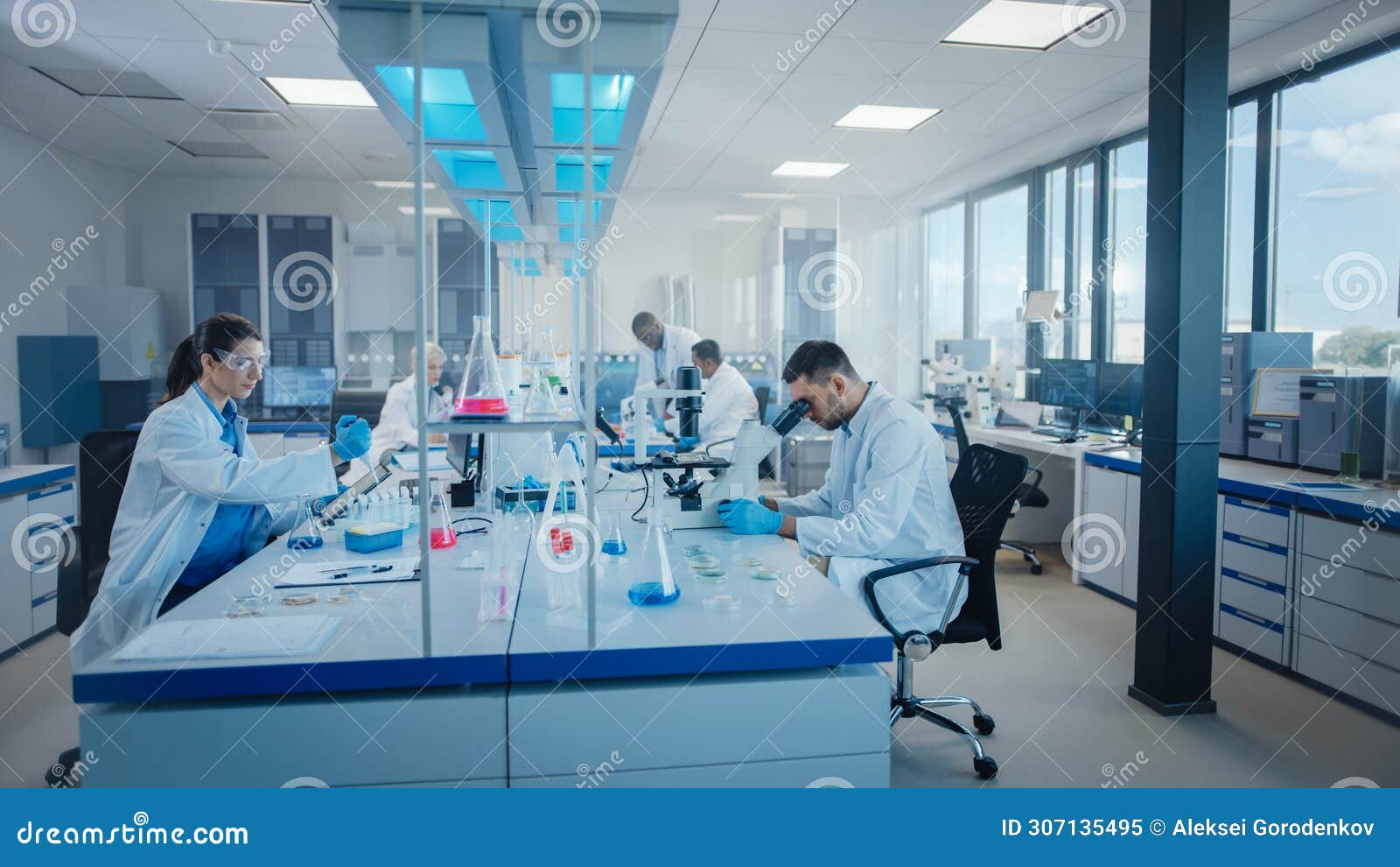 Modern Medical Research Laboratory: Diverse Team of Scientists Working Using Microscope ...