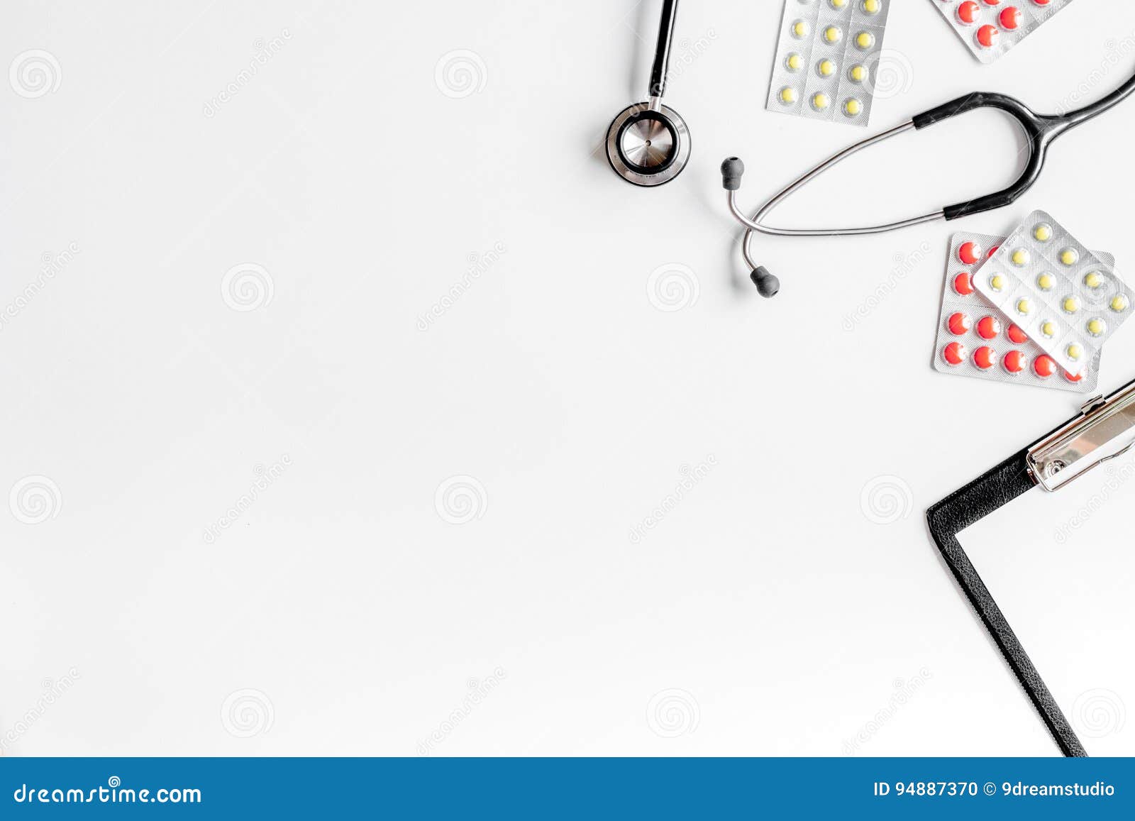 Modern Medicine Workplace with Board, Pills, Stethoscope White Table ...