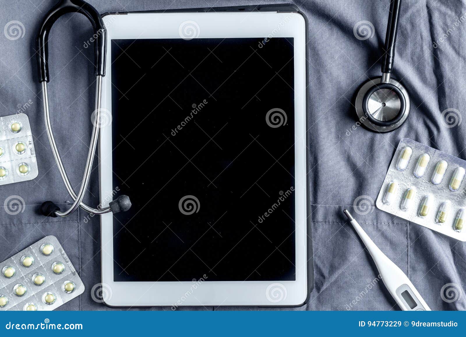 Modern Medicine Workplace with Digital Tablet, Pills, Stethoscope ...