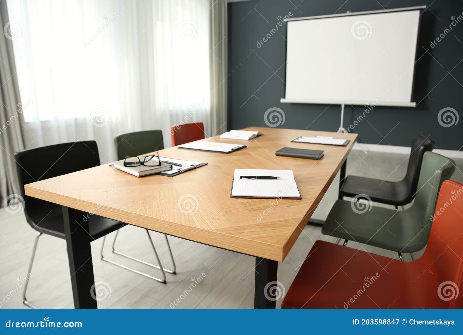 Modern Meeting Room Interior with Large Table and Projection Screen ...