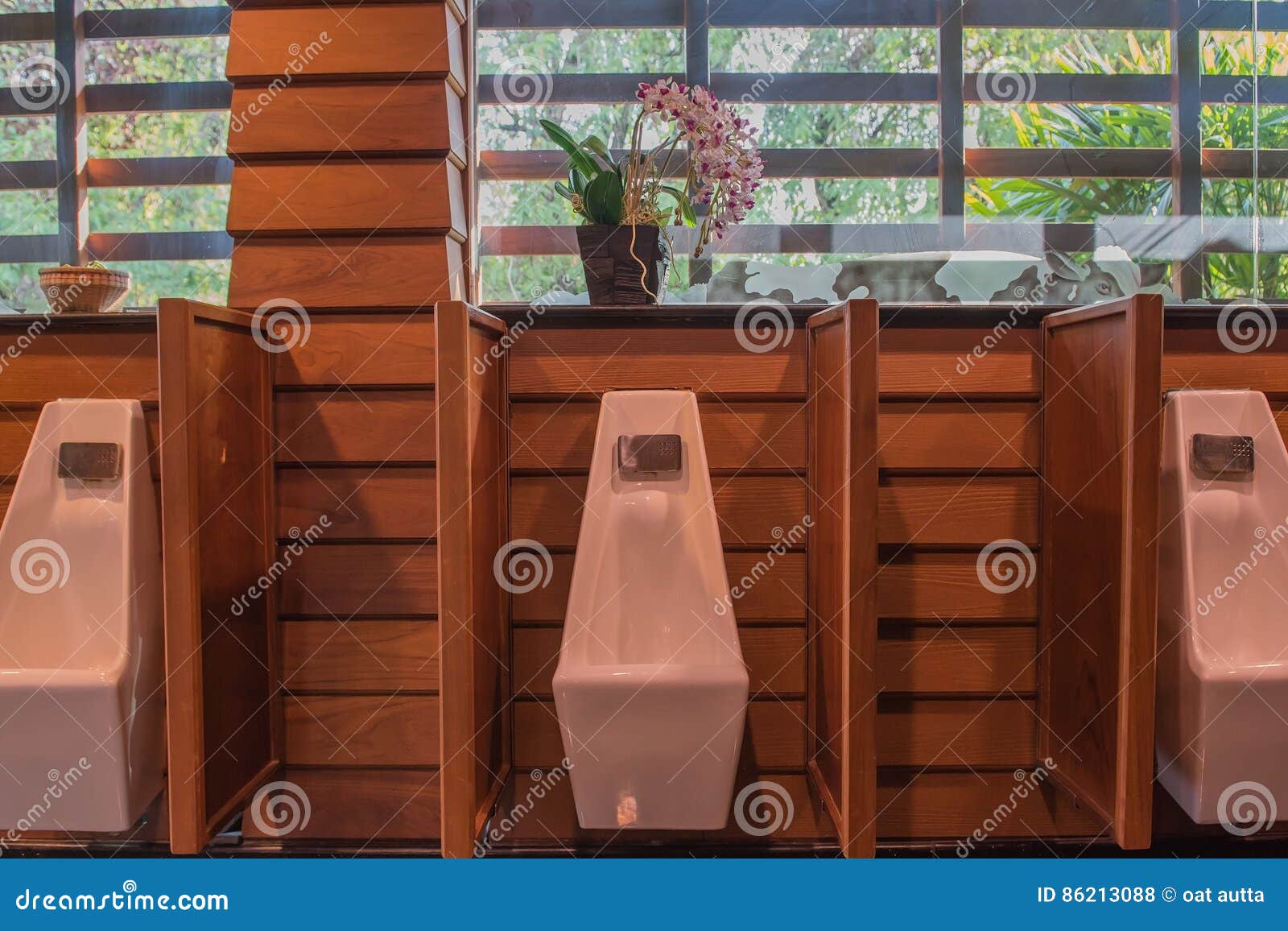 Modern Men Restroom with Urinal Row . Stock Photo - Image of clean ...