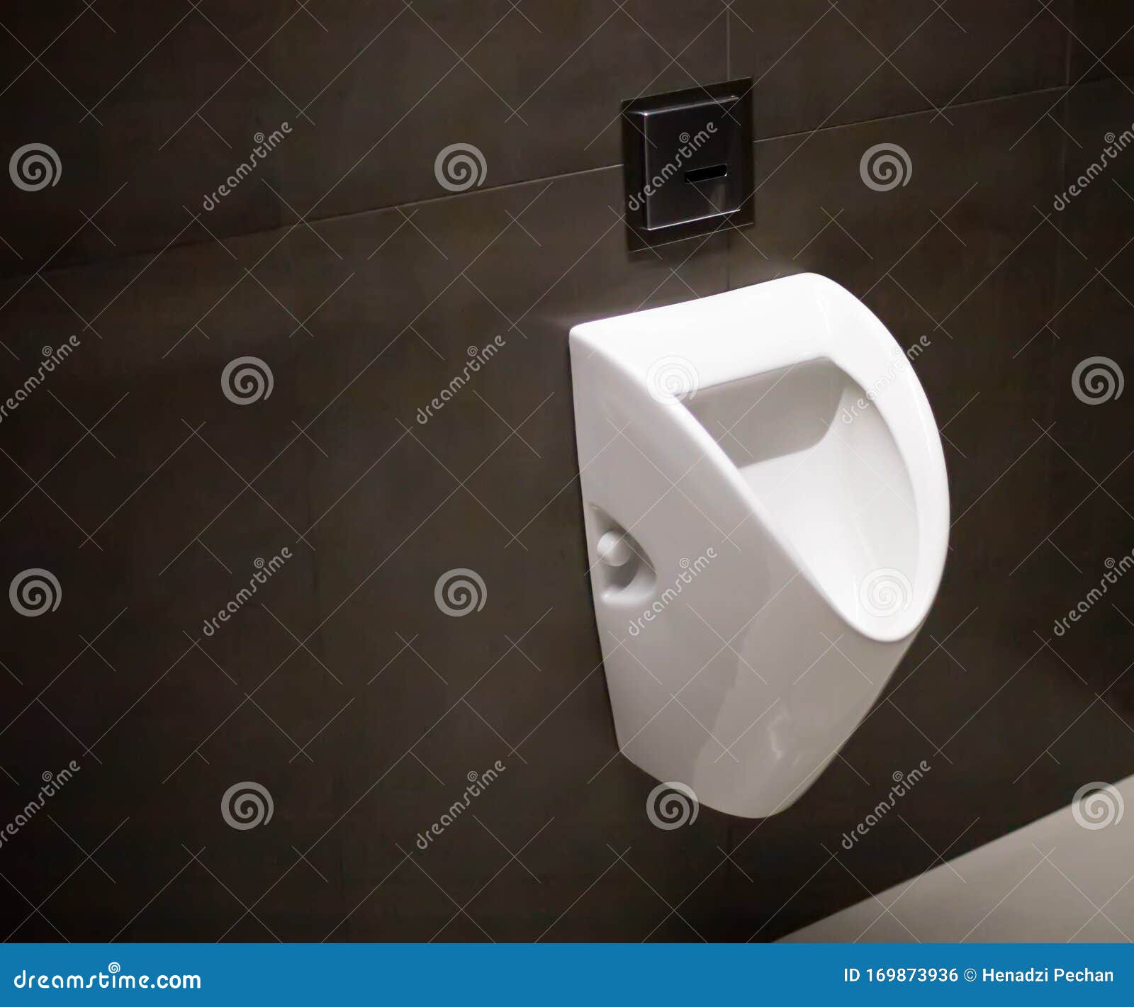 Modern Men`s Urinal on Black Ceramic Tile, Copy Space, Hygiene Stock ...