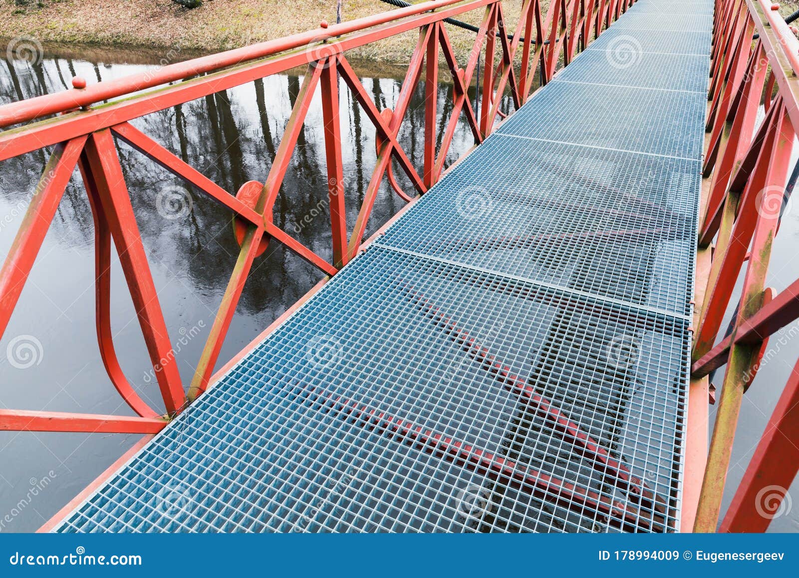 Modern Metal Bridge with Red Handrails, Perspective Stock Image - Image ...